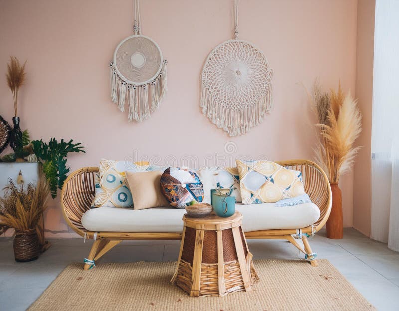 Boho Nomadic Interior Design of Modern Living Room, Home Stock ...