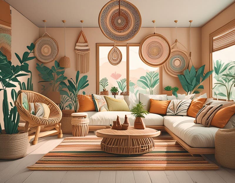 Boho Nomadic Interior Design of Modern Living Room, Home Stock ...