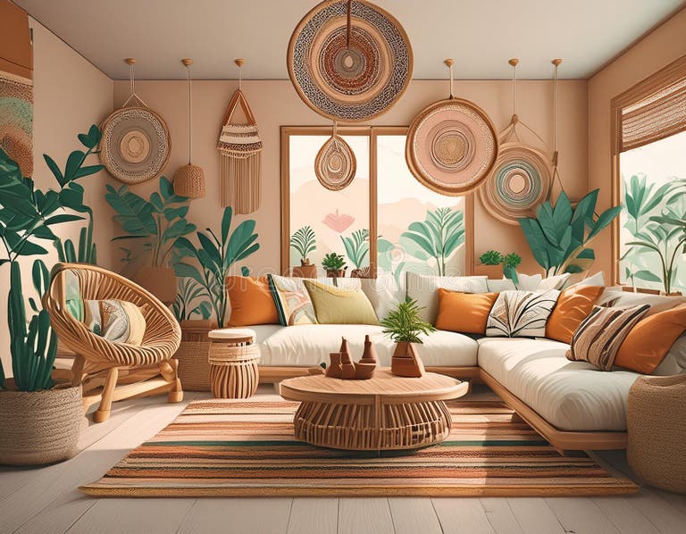 Boho Nomadic Interior Design of Modern Living Room, Home Stock ...