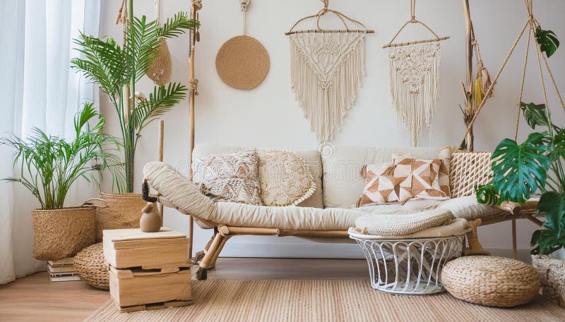 Boho Nomadic Interior Design of Modern Living Room, Home Stock ...