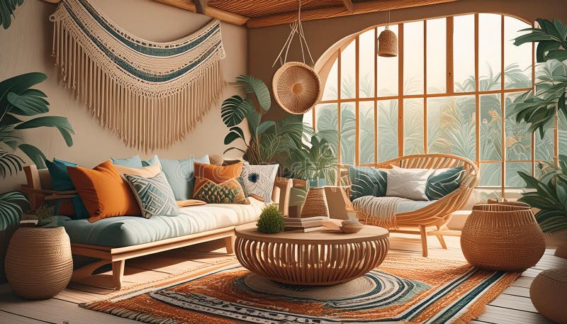 Boho Nomadic Interior Design of Modern Living Room, Home Stock ...