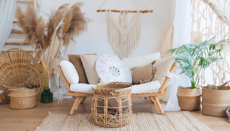 Boho Nomadic Interior Design of Modern Living Room, Home Stock ...