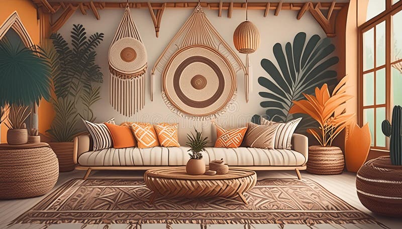 Boho Nomadic Interior Design of Modern Living Room, Home Stock ...