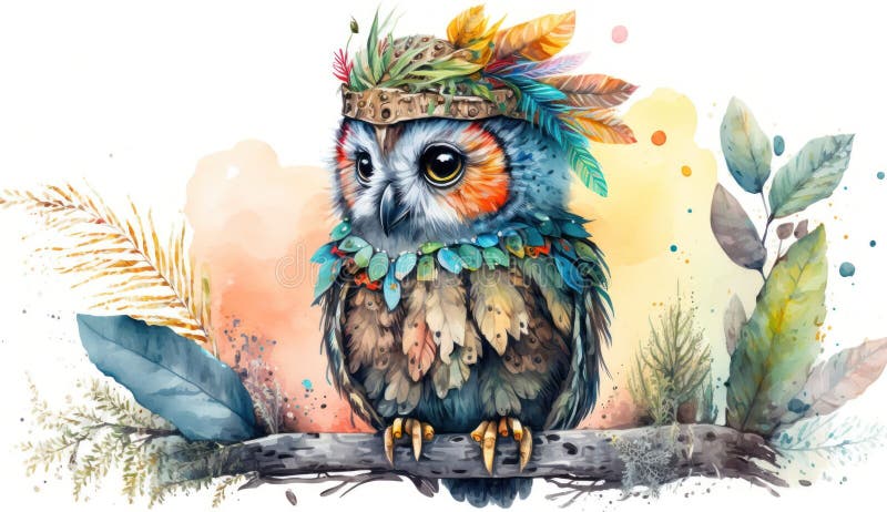 Boho Owl with Feather Headdress AI Generated Stock Illustration ...