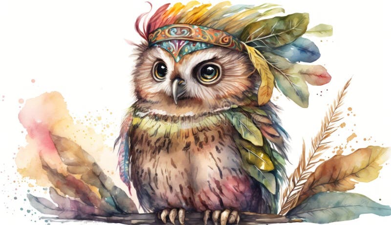 Boho Owl with Feather Headdress AI Generated Stock Illustration ...