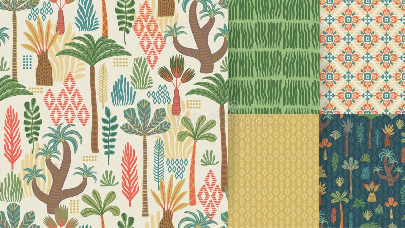 Boho Palms. Ethnic Tropical Seamless Patterns with Palms and Geometric Elements Stock Vector ...