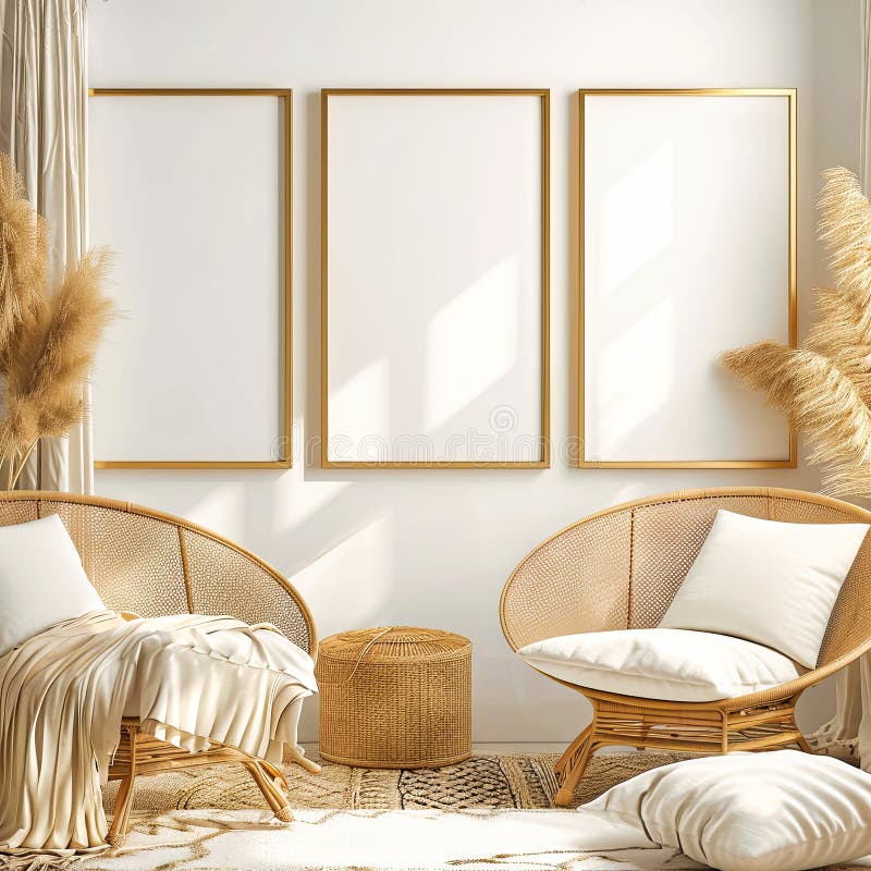 Boho Photo Mockup Showing 3 Empty Gold Paintings Stock Photo - Image of ...