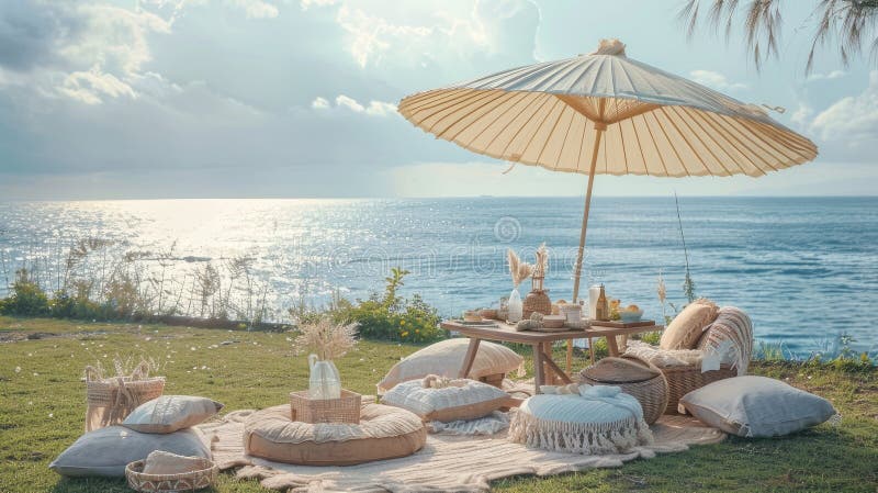 A Boho Picnic Setup on Lush Grass Near the Ocean, Featuring a Cozy ...