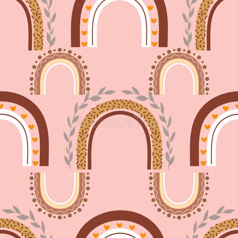 Boho Rainbows Seamless Pattern Design on Pastel Pink Background Stock ...