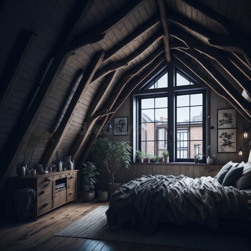 Boho Rustic Modern Interior Design of Bedroom in Attic, Triangle ...