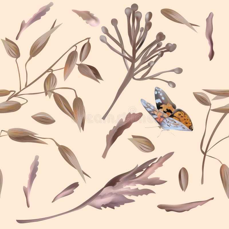 Boho Seamless Patterns with Decoration Leaves, Butterfly, Dry Herbs ...