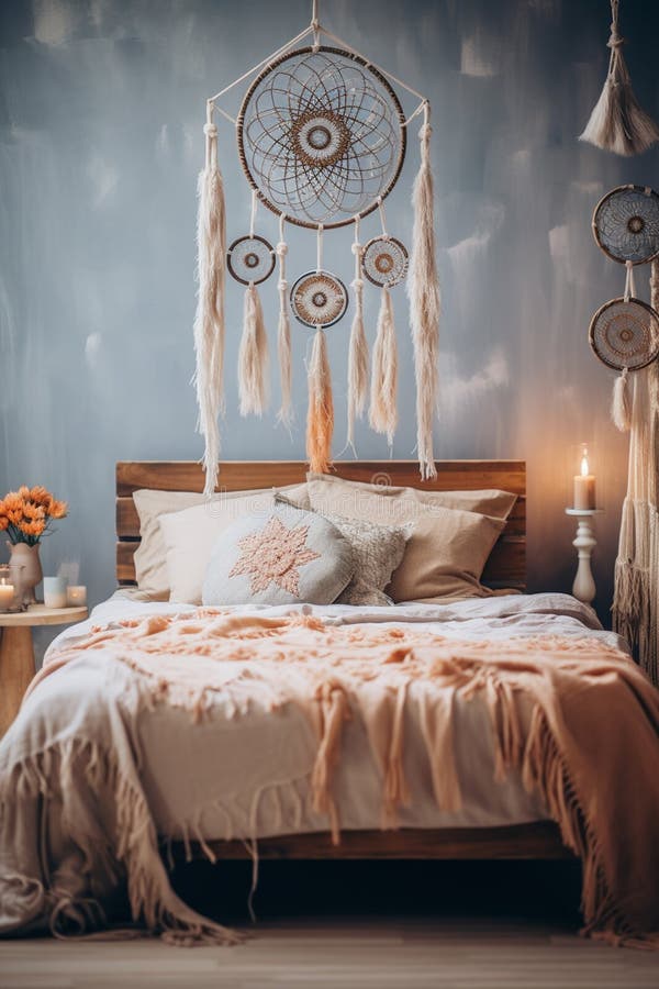 Boho Style Bedroom with Dream Catcher. Selective Focus Stock Photo ...