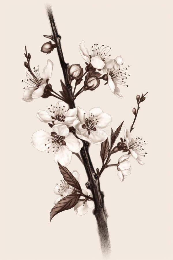 Boho Style Cherry Blossom Branch Drawing with Retro Mood. Stock ...