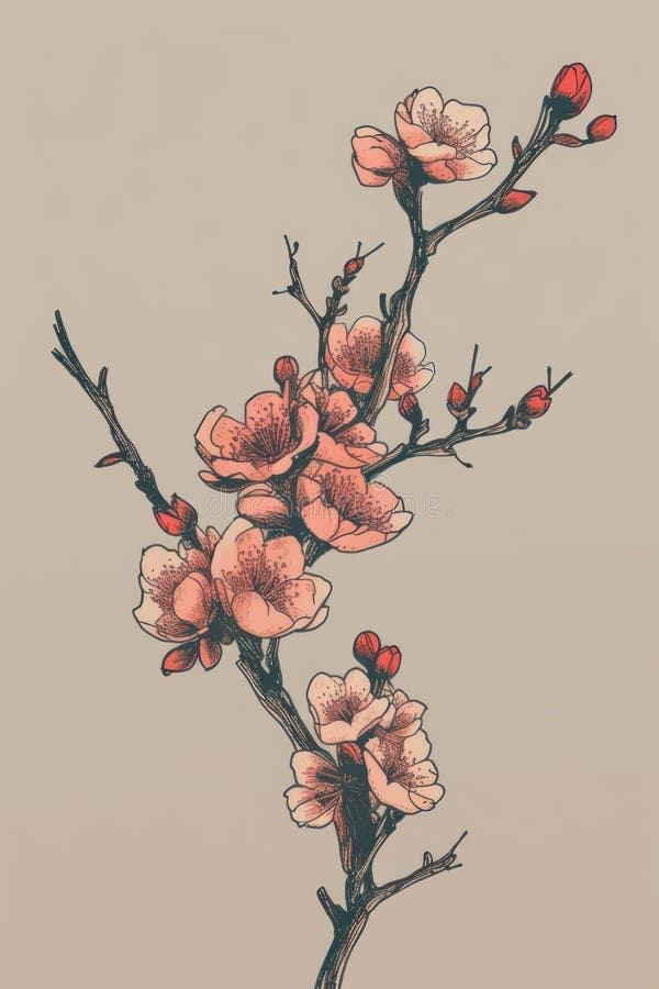Boho Style Cherry Blossom Branch Drawing with Retro Mood . Stock ...