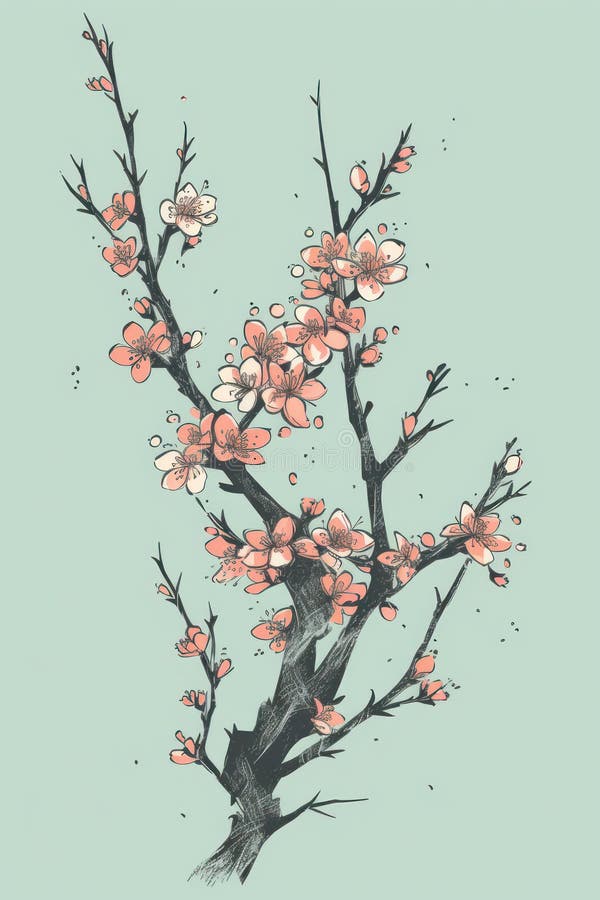 Boho Style Cherry Blossom Branch Drawing with Retro Mood . Stock ...