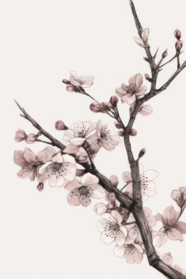 Boho Style Cherry Blossom Branch Drawing with Retro Mood . Stock ...