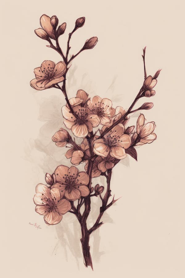 Boho Style Cherry Blossom Branch Drawing with Retro Mood . Stock ...