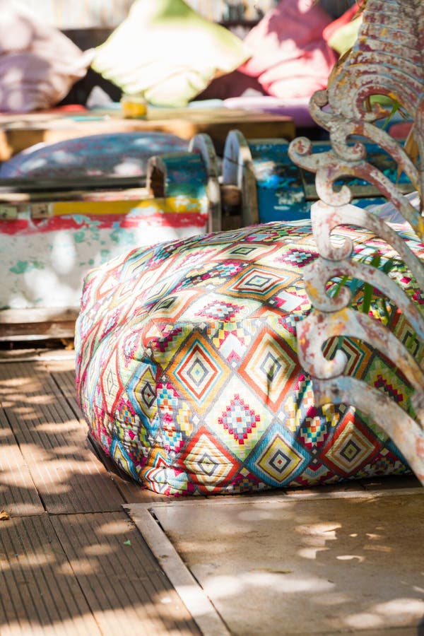 Boho Style Colorful Poufs in Garden Outdoor Decor Stock Image - Image ...