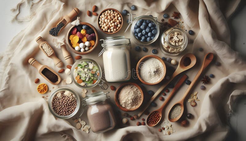 Boho-style Flat Lay with Vegan Protein Powders in Glass Jars, Ai ...