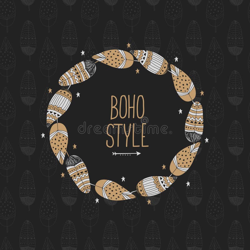 Boho Style Frame with Glossy Ethnic Feathers. Stock Illustration ...