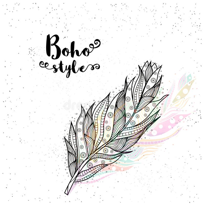 Boho Style Hand Drawn Feather Design. Stock Illustration - Illustration ...