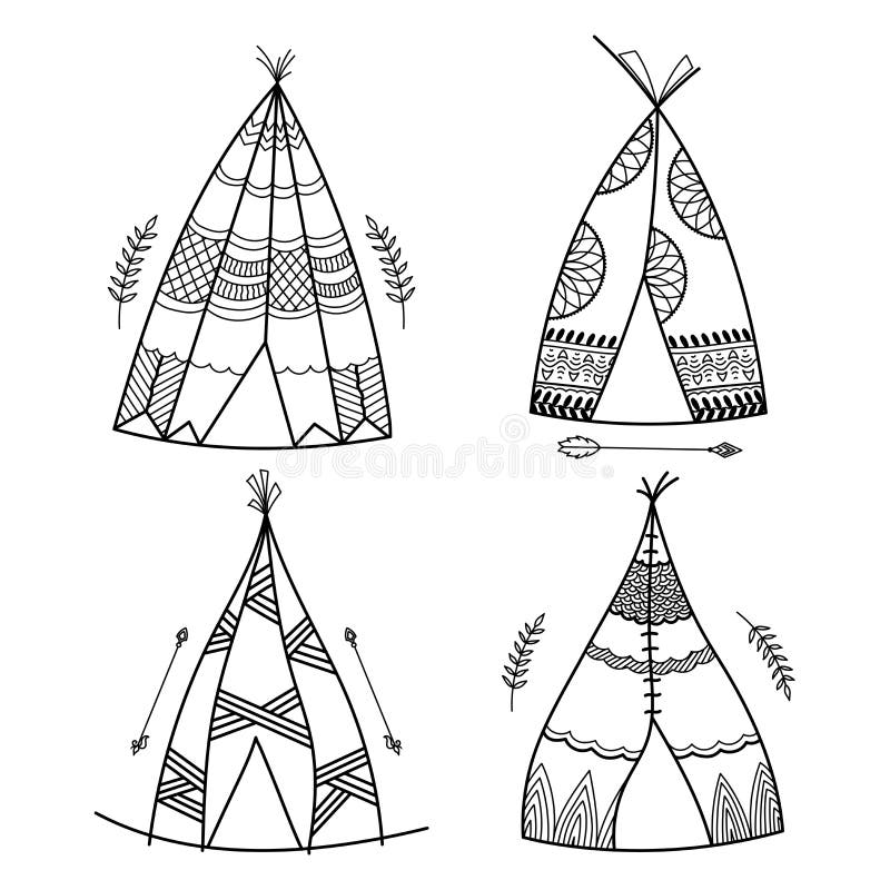 Boho Style, Hand Drawn Teepee or Wigwam with Tribal Pattern on E Stock ...