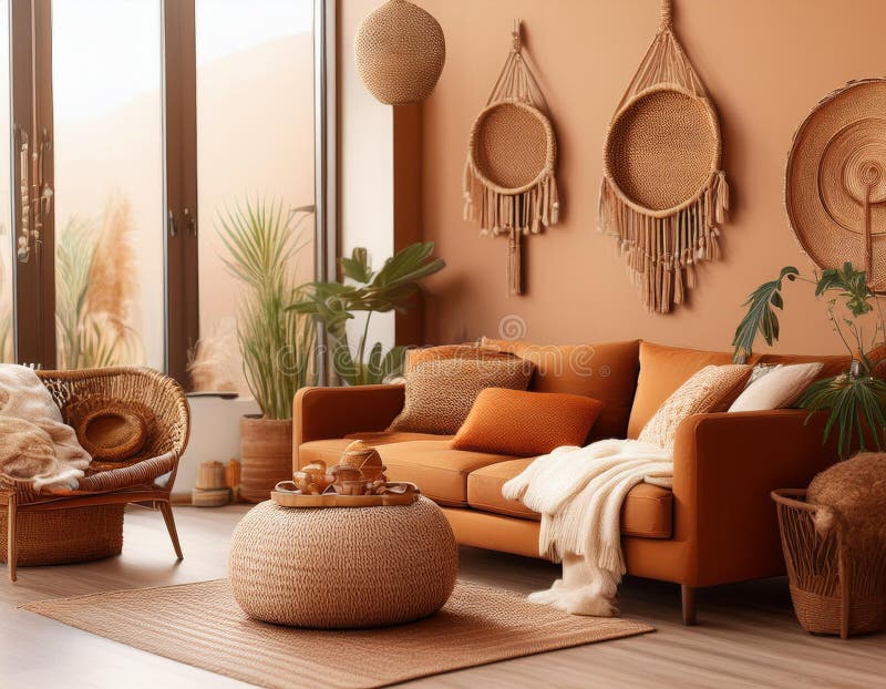 Boho Style Home Interior, Living Room in Brown Warm Color Stock Photo ...