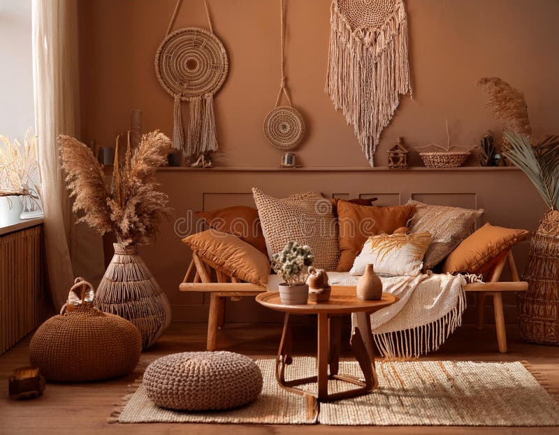 Boho Style Home Interior, Living Room in Brown Warm Color Stock Photo ...