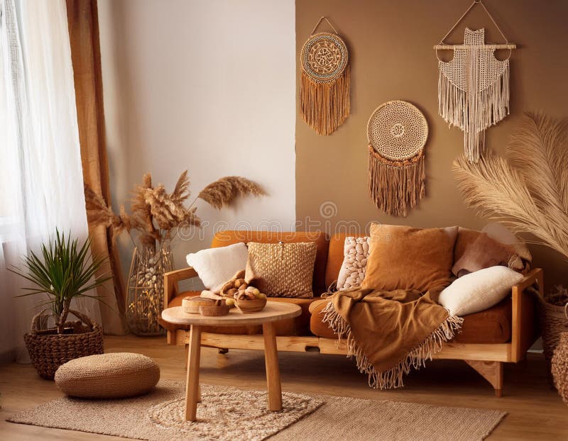 Boho Style Home Interior, Living Room in Brown Warm Color Stock Image ...