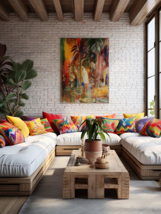 Boho Style Interior Design of Modern Living Room Stock Illustration ...