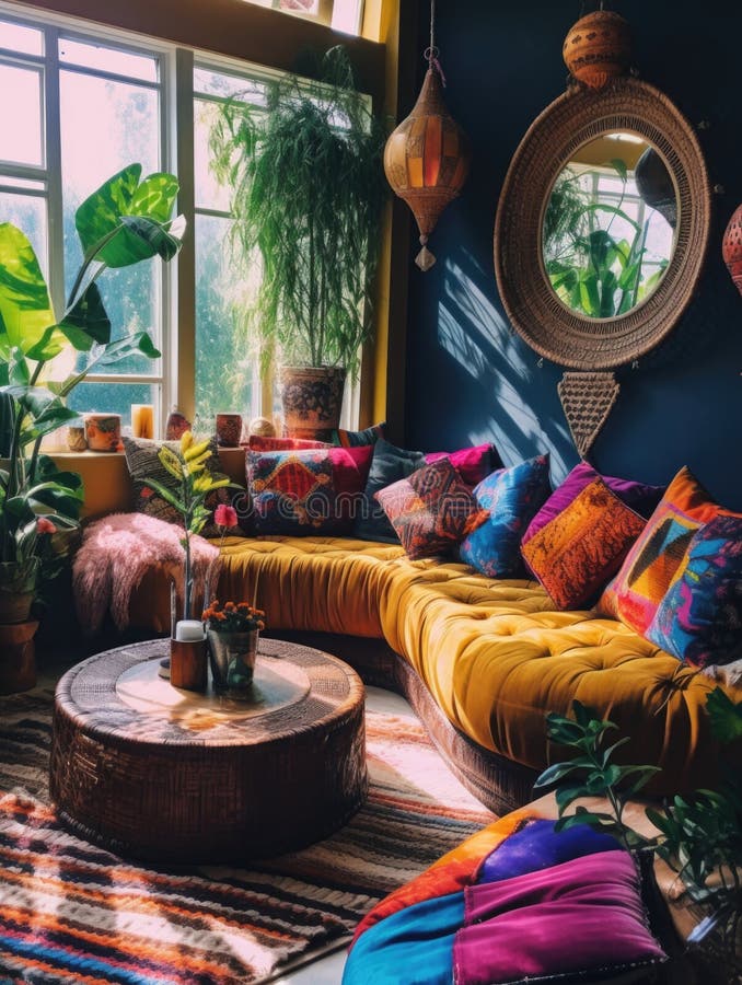Boho Style Interior Design of Modern Living Room Stock Illustration ...
