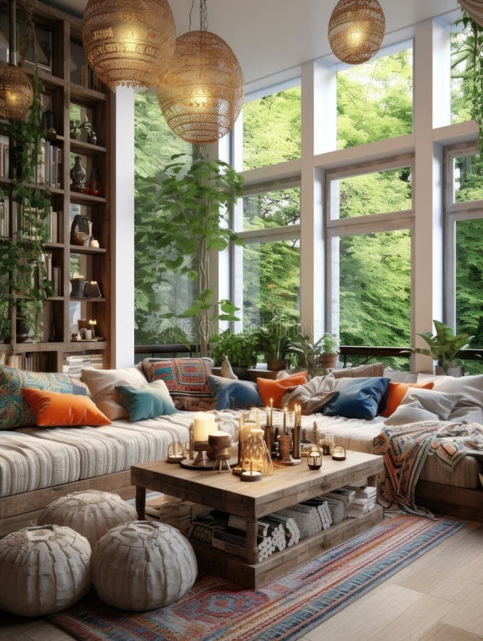 Boho Style Interior Design of Modern Living Room Stock Illustration ...