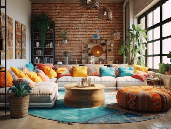 Boho Style Interior Design of Modern Living Room Stock Photo - Image of ...