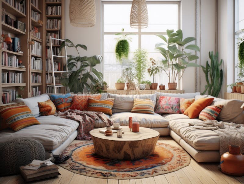 Boho Style Interior Design of Modern Living Room Stock Illustration ...