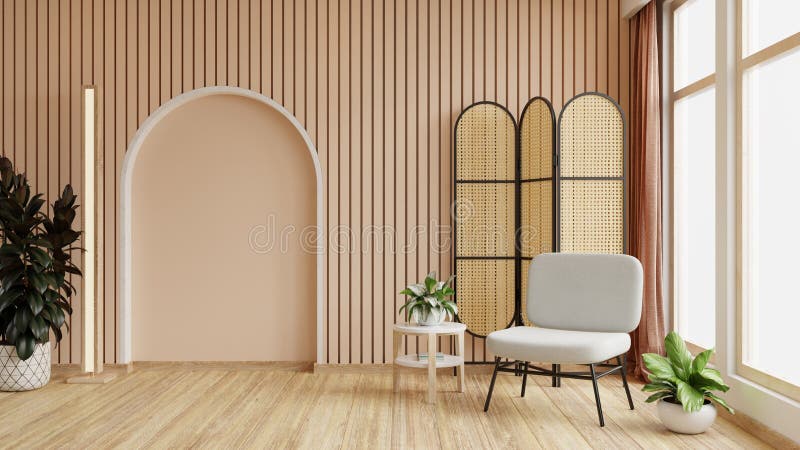 Boho Style Interior with Gray Armchair and Decor on Cream Color Slat ...