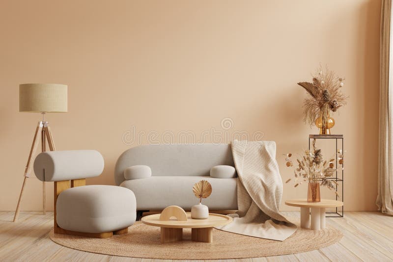 Boho Style Interior with Gray Sofa and Armchair on Cream Color Wall ...