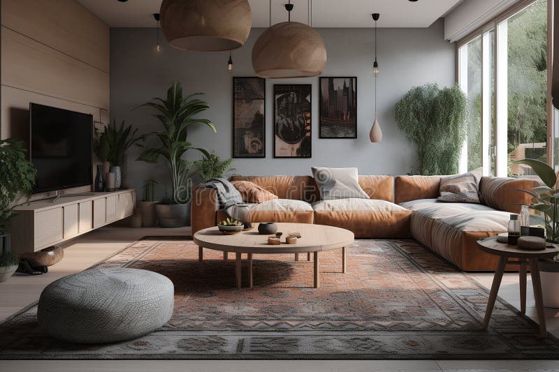 Boho Style Interior of Living Room with Cozy Sofas Stock Illustration - Illustration of ...