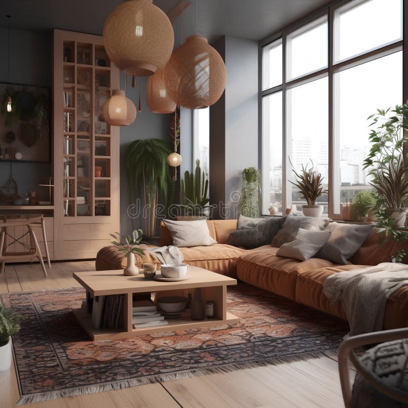 Boho Style Interior of Living Room with Large Window Stock Illustration ...