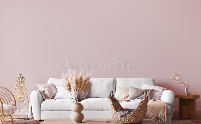 Boho Style Living Room in Pink Colors, Bright Home Interior Stock ...
