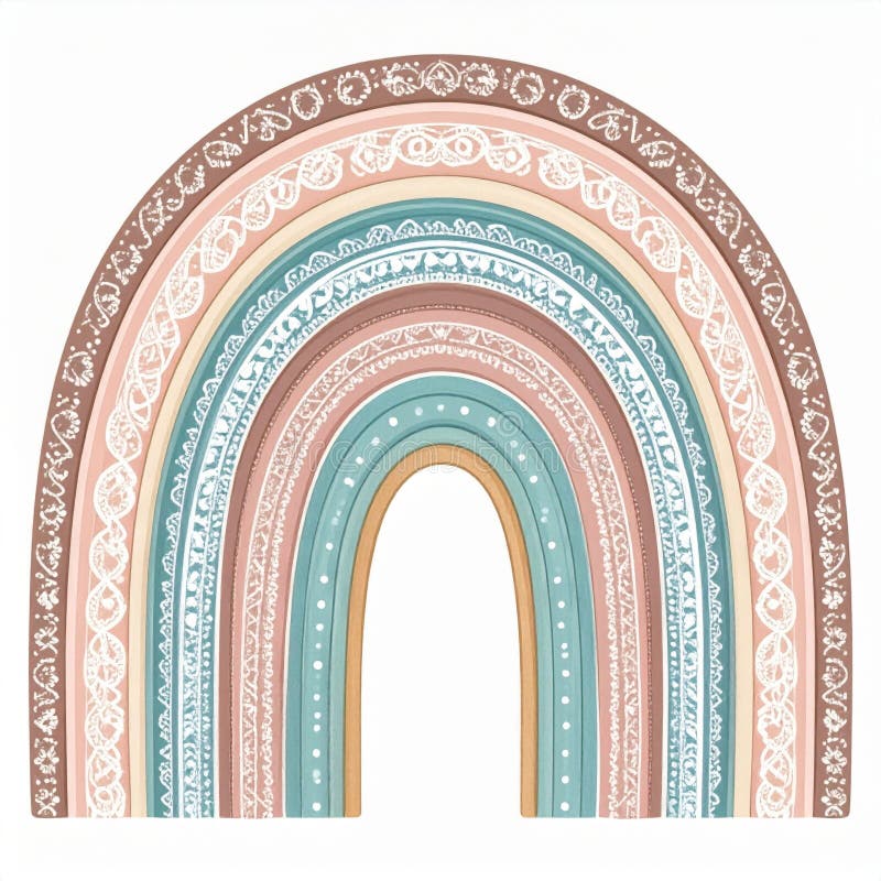 Boho Style Pastel Rainbow Arch with Intricate Patterns on a White Background Stock Illustration ...