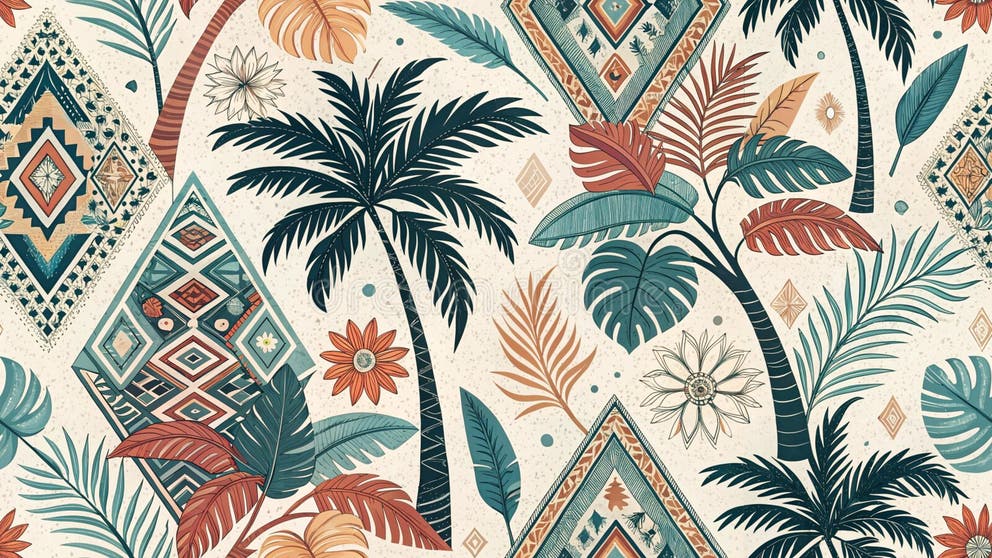 Boho-style Seamless Pattern Featuring Palm and Coconut Trees in Warm ...