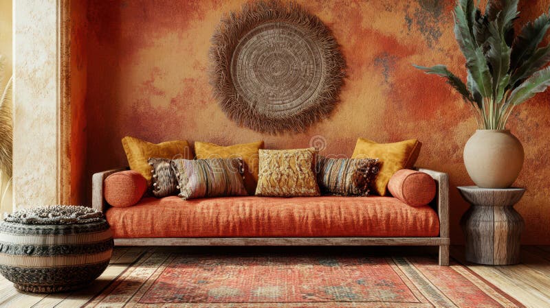 Boho Style Sofa with Side Table and Decor 3D Render Stock Illustration ...