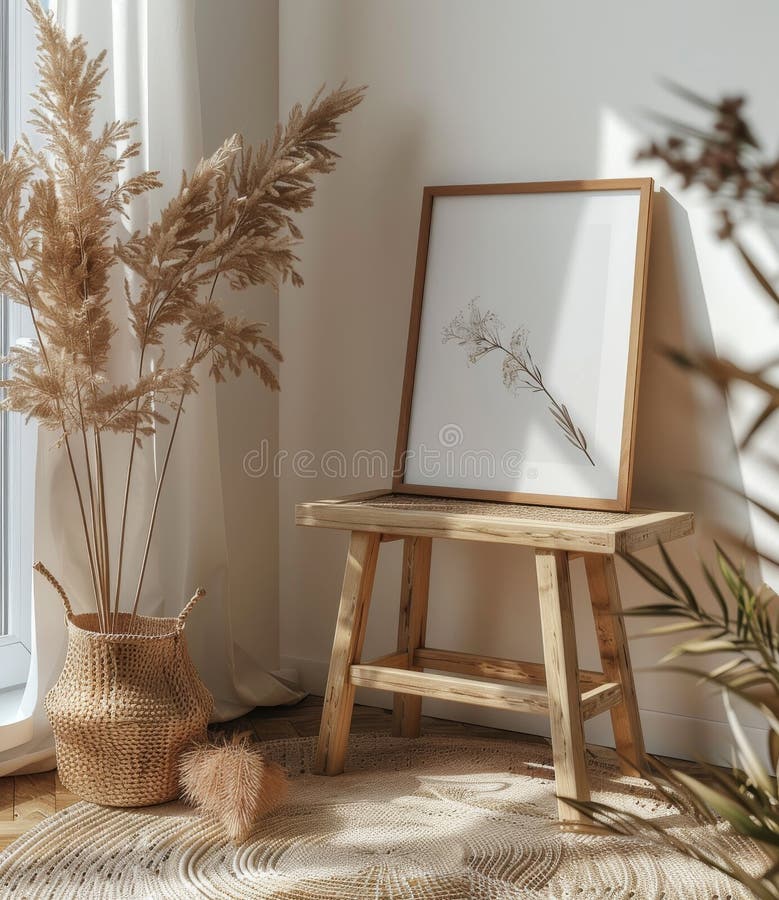 Boho Styled Interior with Wooden Stool and Framed Botanical Art Stock ...
