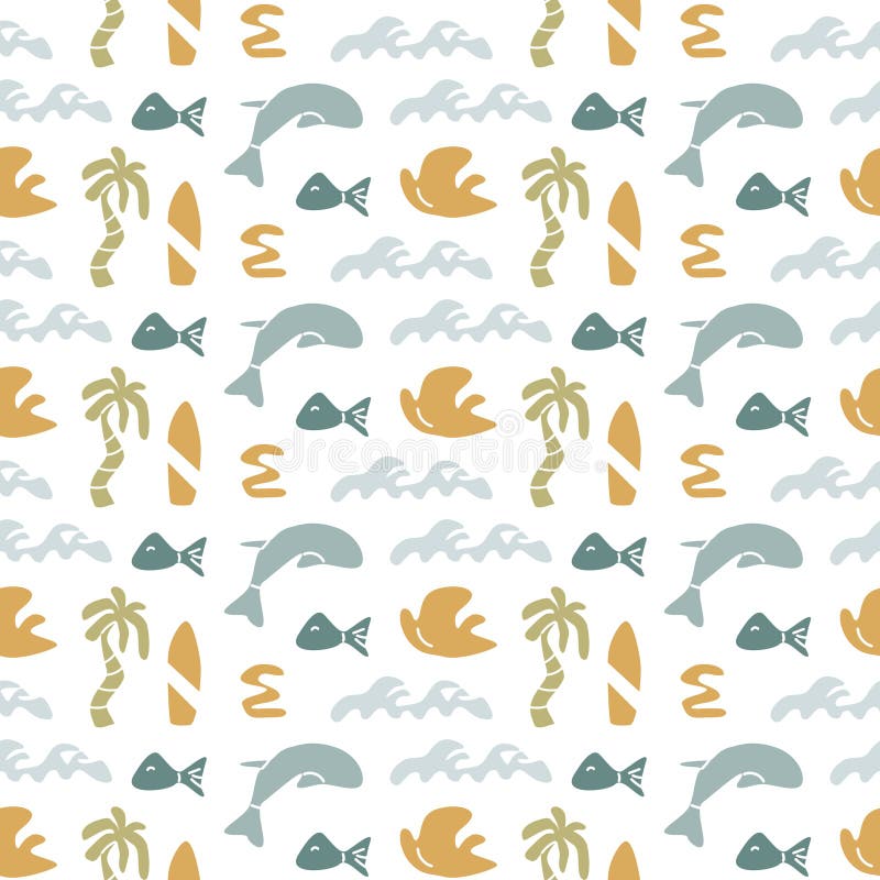 Boho Summer Elements Pattern with Tropical Fish, Waves, and Palm Trees ...