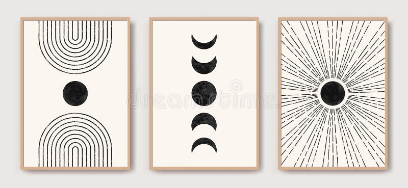 Boho Sun, Moon, Arch Set, Minimalist Mid Century Modern Art Stock ...