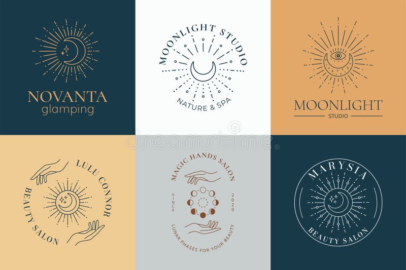 Boho Sun and Moon Logo, Sun Line Art Vector. Minimal Bohemian Moon Vector Logo Design Stock ...