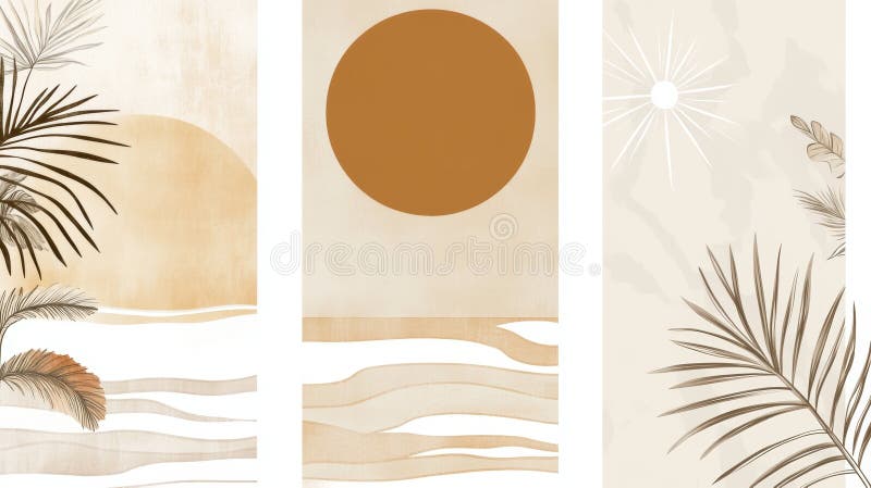 Boho Sunset Triptych stock illustration. Illustration of wall - 367579981