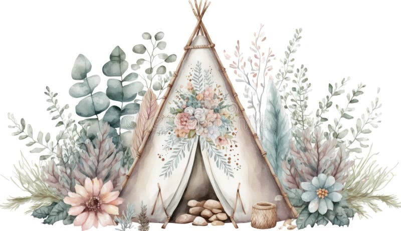Boho Teepee Decorated with Pastel Watercolor Pattern AI Generated Stock ...