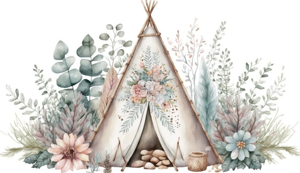 Boho Teepee Decorated with Pastel Watercolor Pattern AI Generated Stock ...