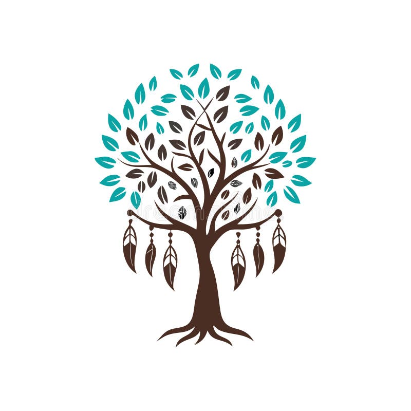 Boho Tree with Turquoise Leaves and Brown Feathers Design Vector Stock ...